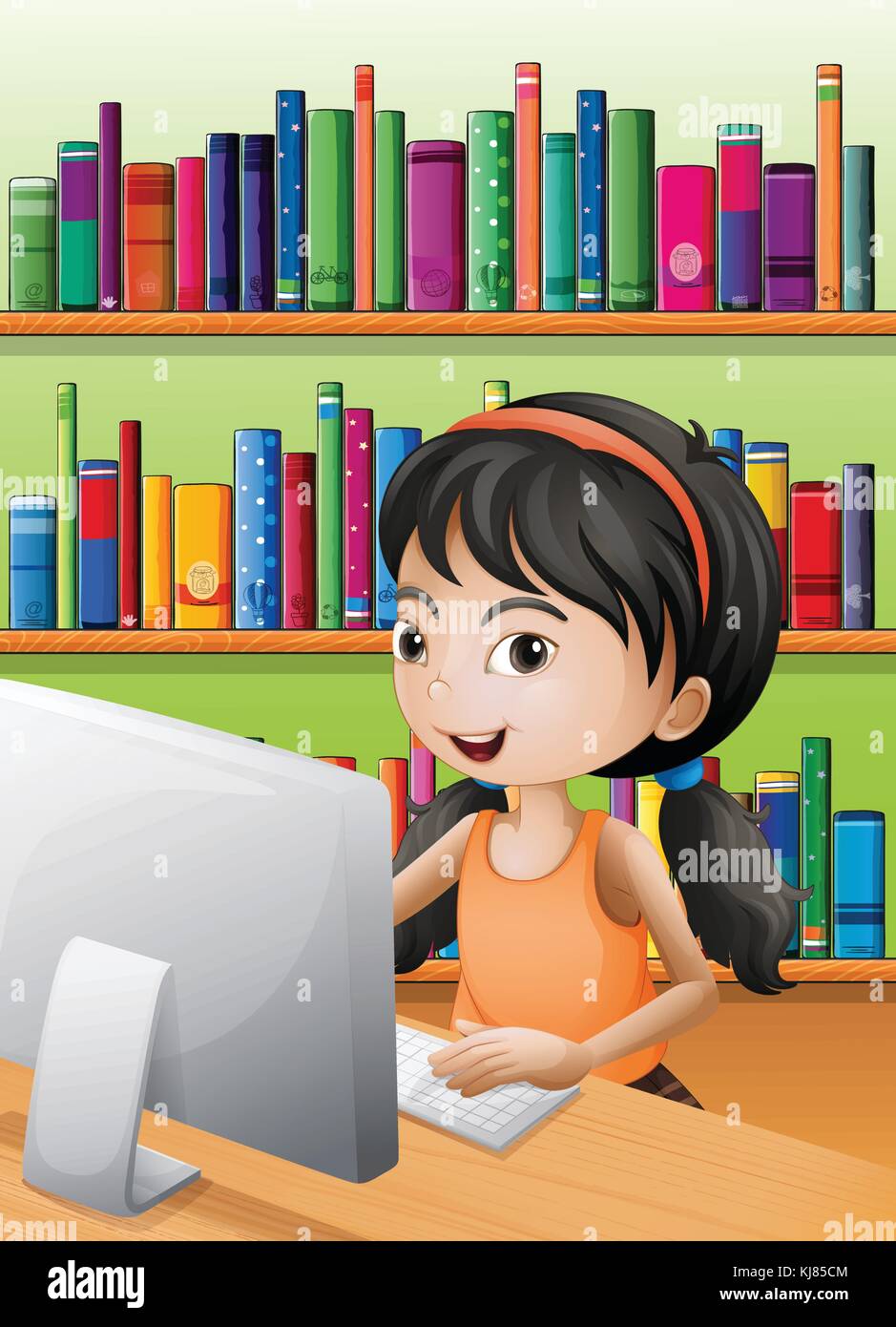 Illustration of a young girl using the computer at the library Stock ...