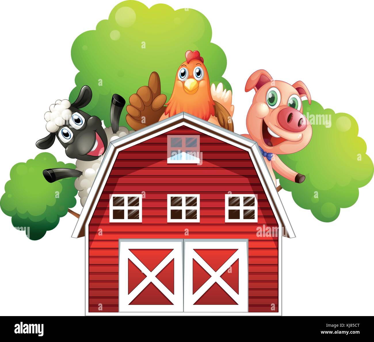 Illustration of a barn with animals at the rooftop on a white ...