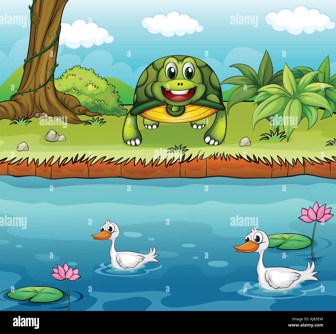 Illustration of a turtle beside the river with ducks Stock Vector Image ...