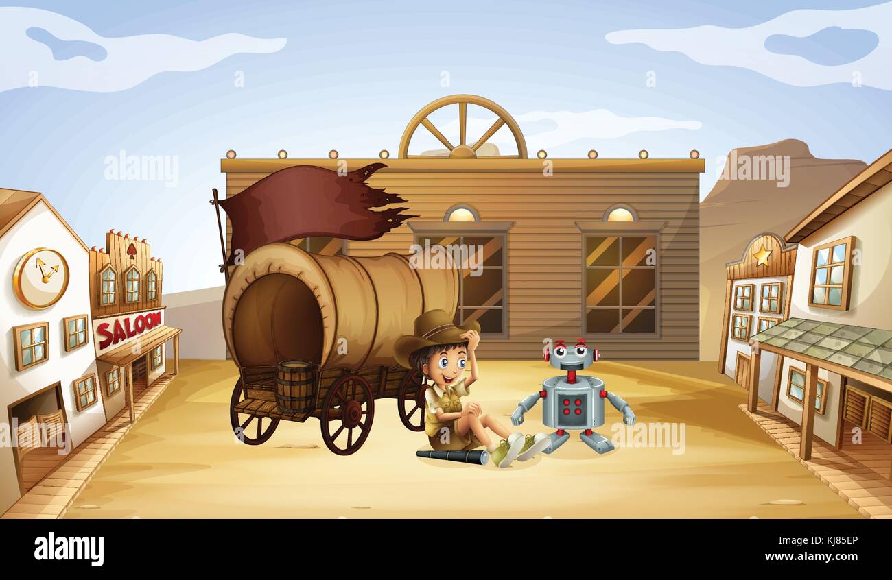 Illustration of a boy and a robot near a wagon Stock Vector Image & Art ...