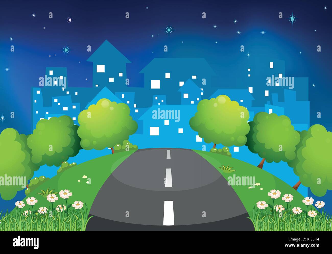 Illustration of a road at the hill with flowers and trees Stock Vector ...