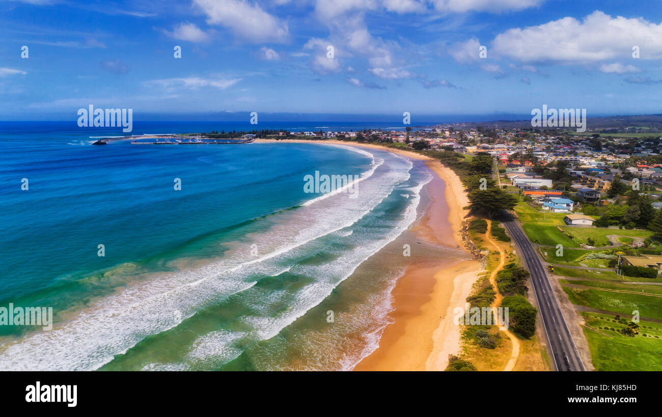 Beatiful sand beach of Apollo bay town on Great Ocean road towards ...