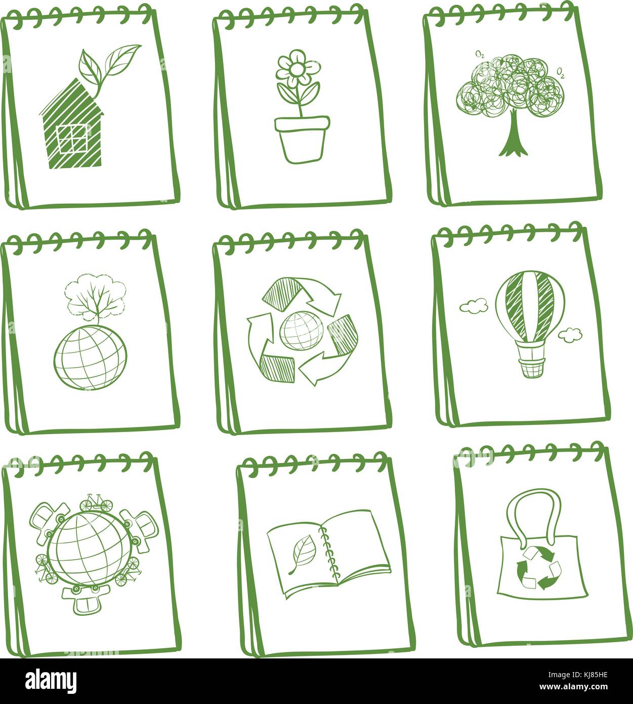 Illustration of the notebooks with eco-friendly drawings on a white ...