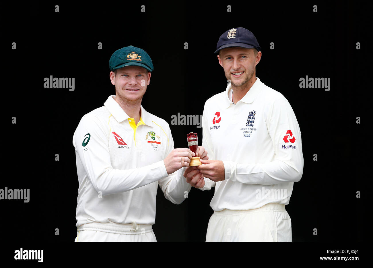 England's Joe Root and Australia's Steve Smith pose fora photo during a ...