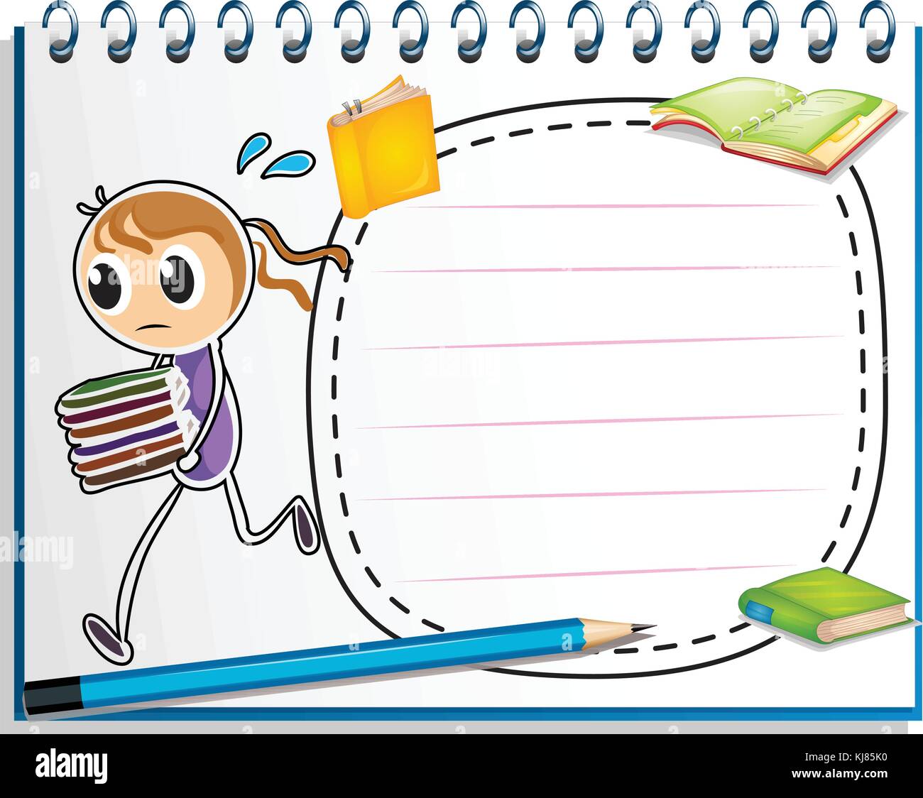 Illustration of a notebook with a sketch of a girl running with books ...