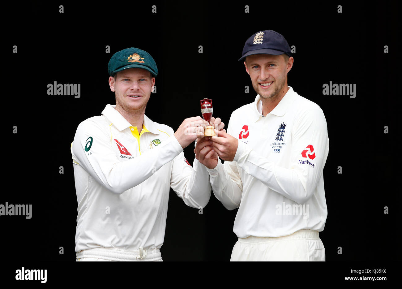 England's Joe Root and Australia's Steve Smith pose fora photo during a ...