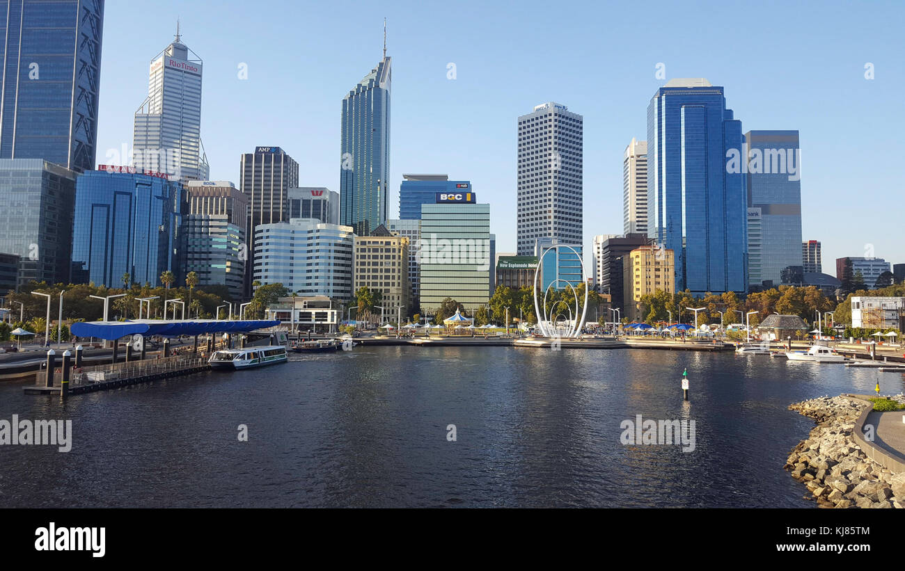 Perth - Elizabeth Quay waterfront, the city CBD and the Swan River ...