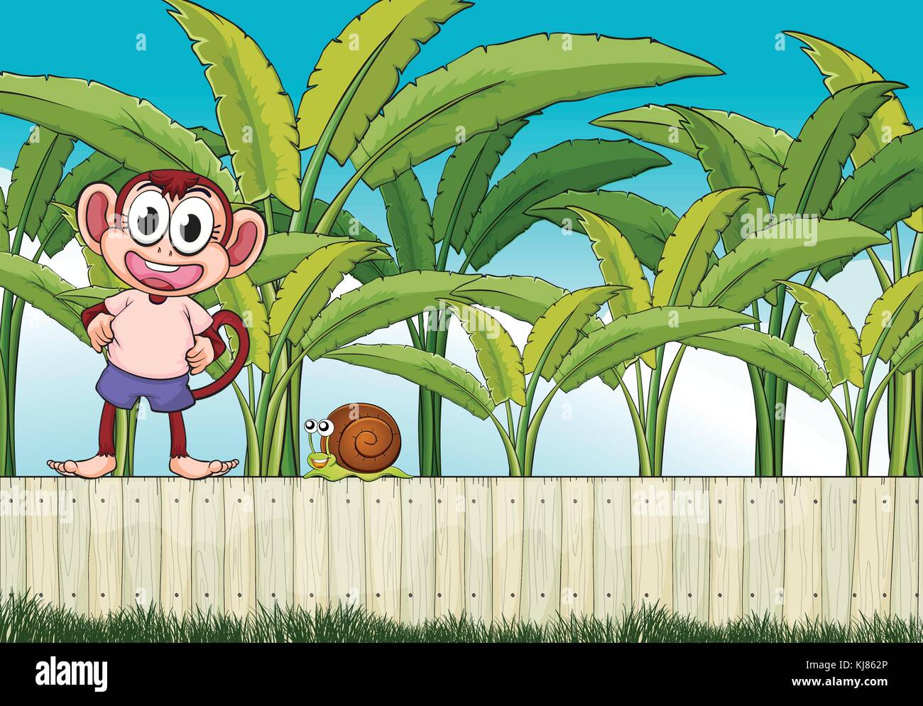 Illustration of a monkey and a snail above the fence Stock Vector Image ...