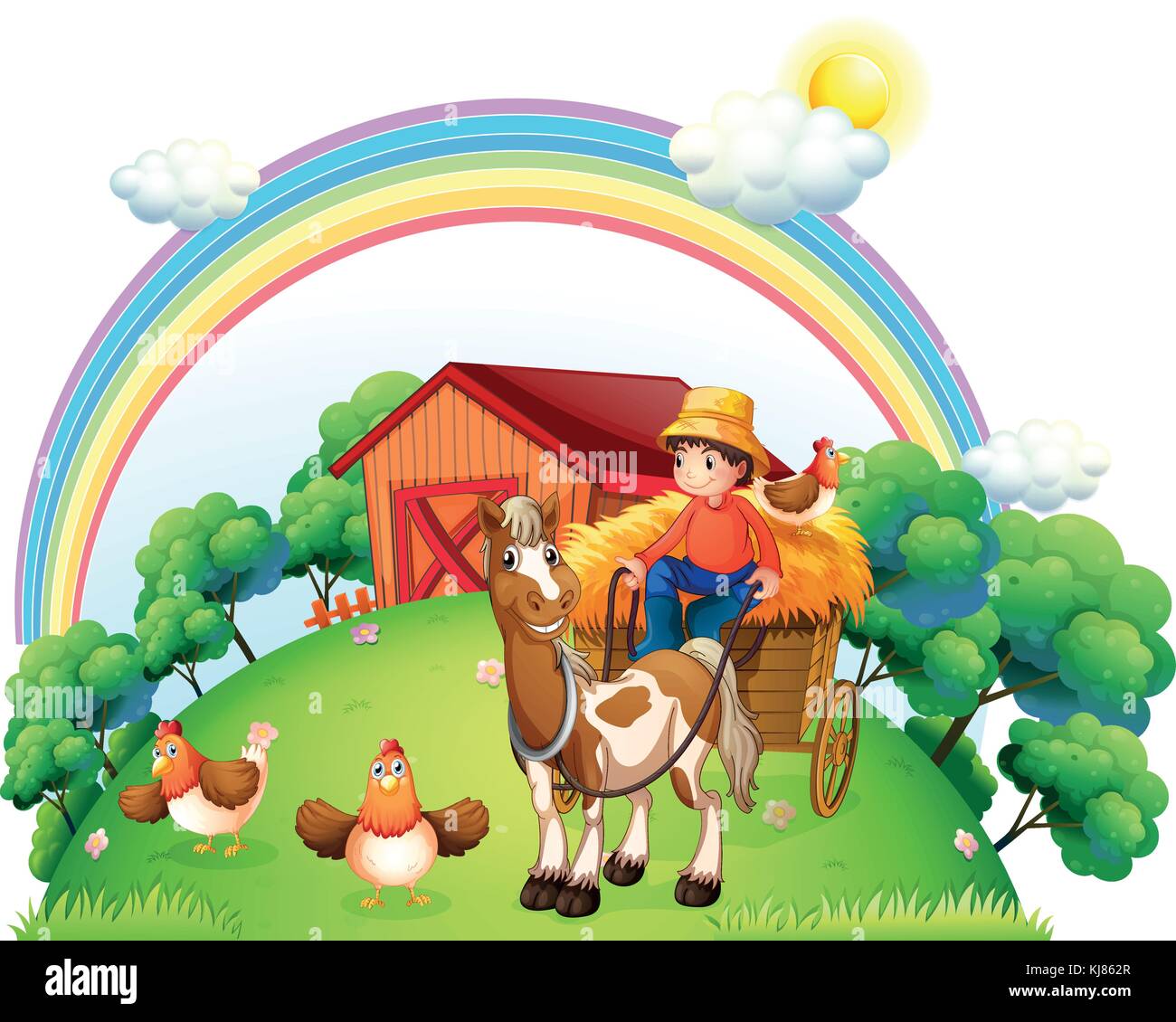 Illustration of a boy riding in his farm cart on a white background ...
