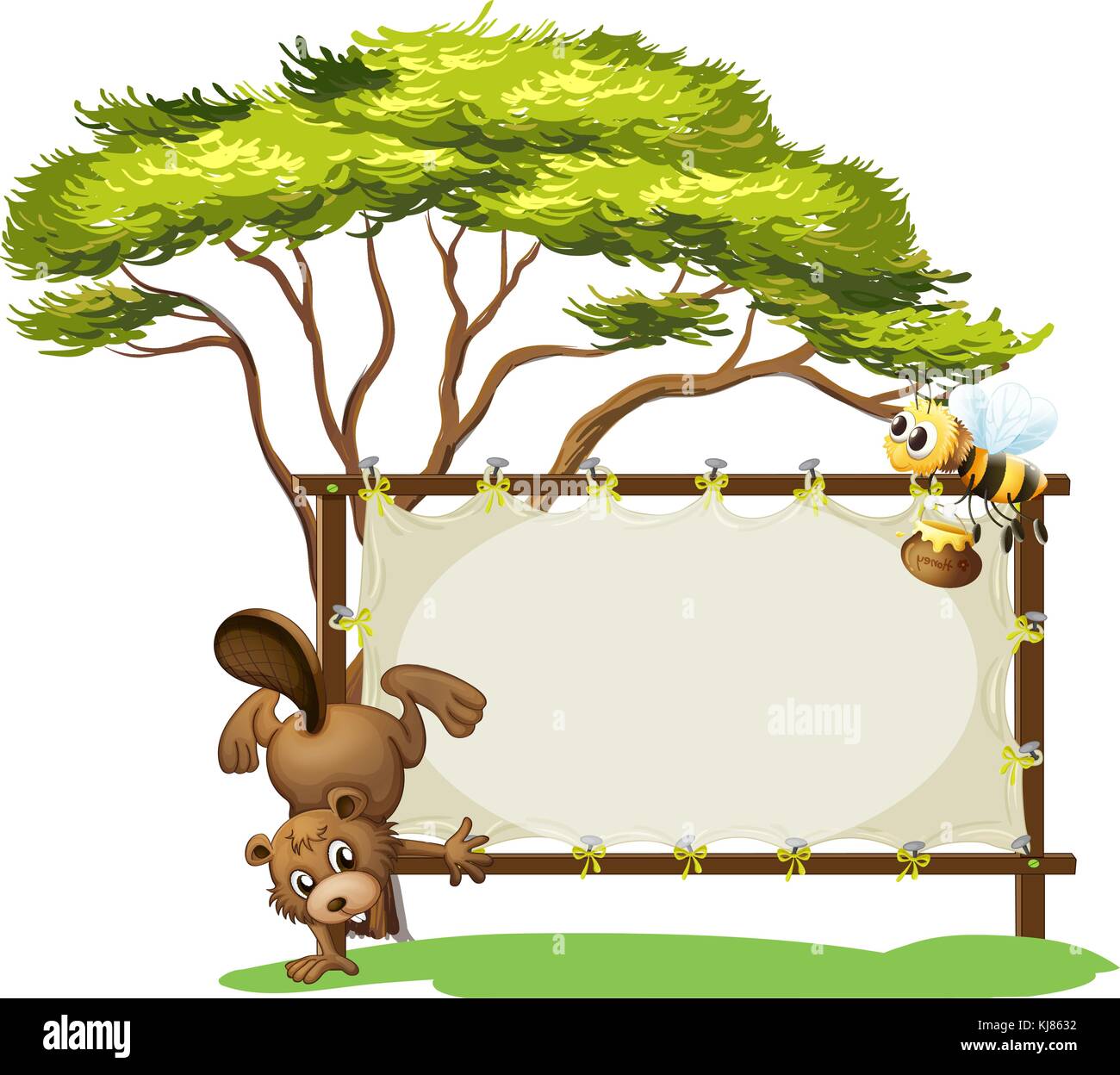 Illustration of a beaver and a bee beside a blank signage on a white ...