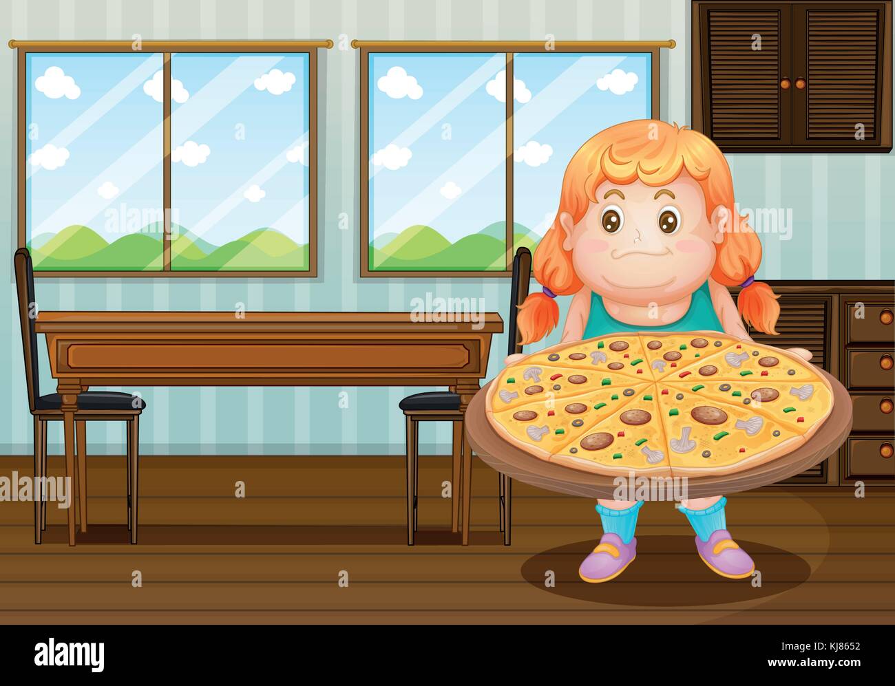 Illustration of a fat girl holding a circle of pizza Stock Vector Image ...