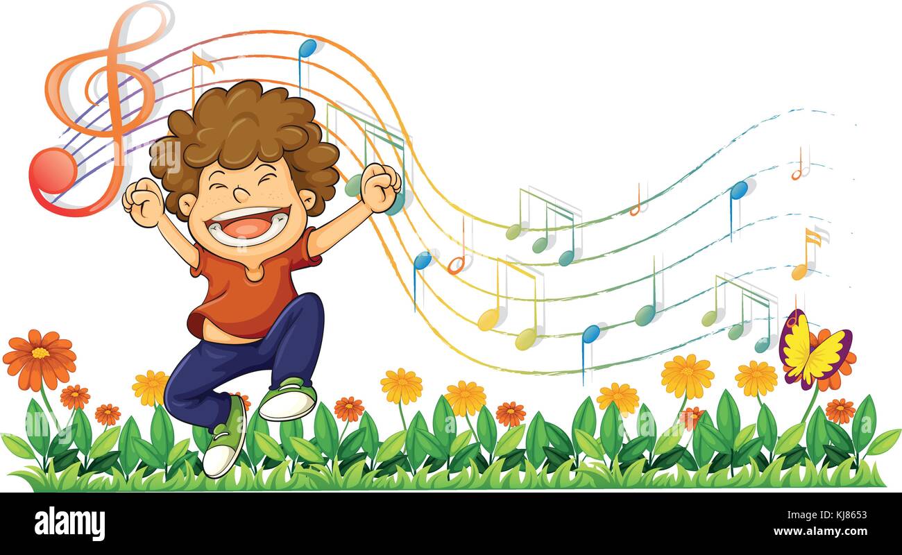 Illustration of a boy singing out loud with musical notes on a white ...