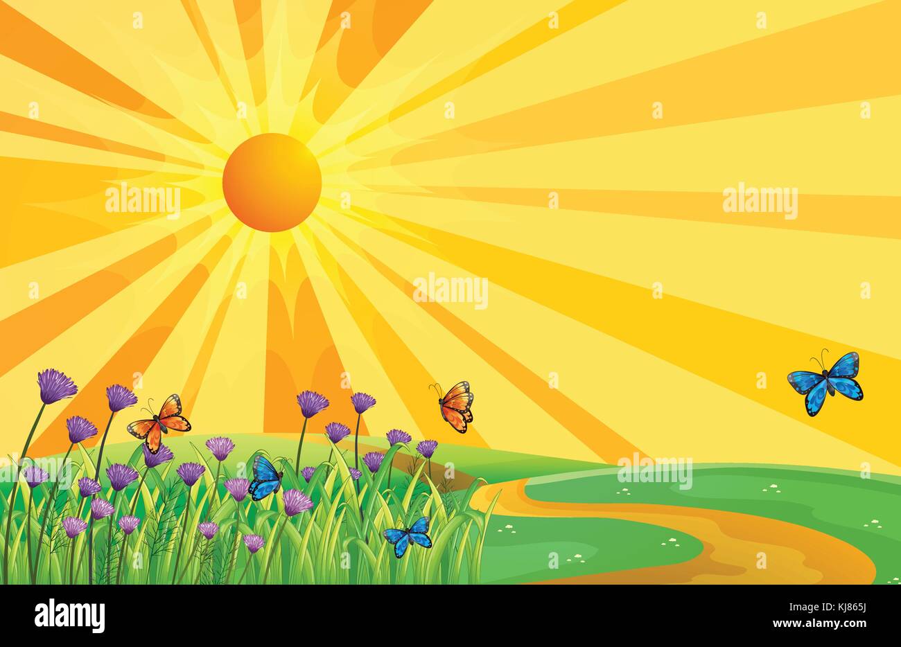 Illustration of a sunset view and the butterflies Stock Vector Image ...