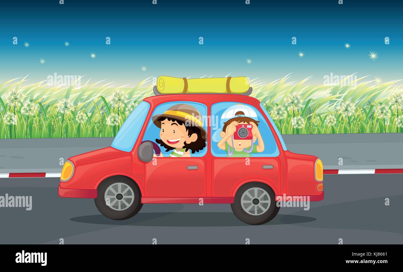 Illustration of a girl and a boy riding in a red car Stock Vector Image ...