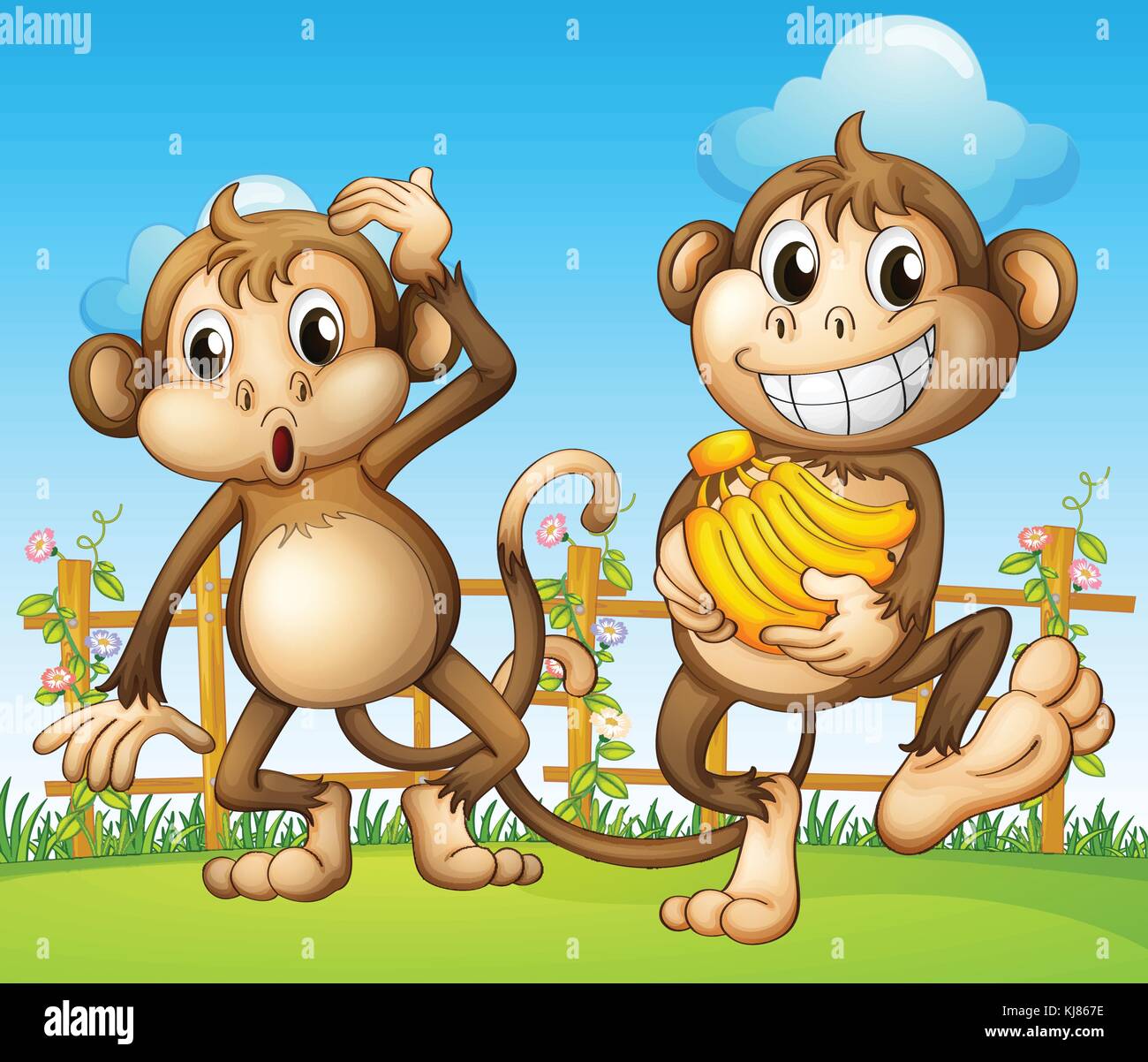 Illustration of two monkeys with banana inside the fence Stock Vector ...