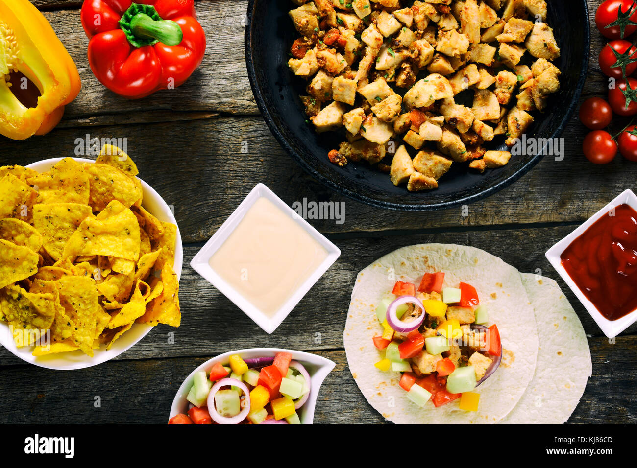 Large group of food from above on the wooden background Stock Photo - Alamy