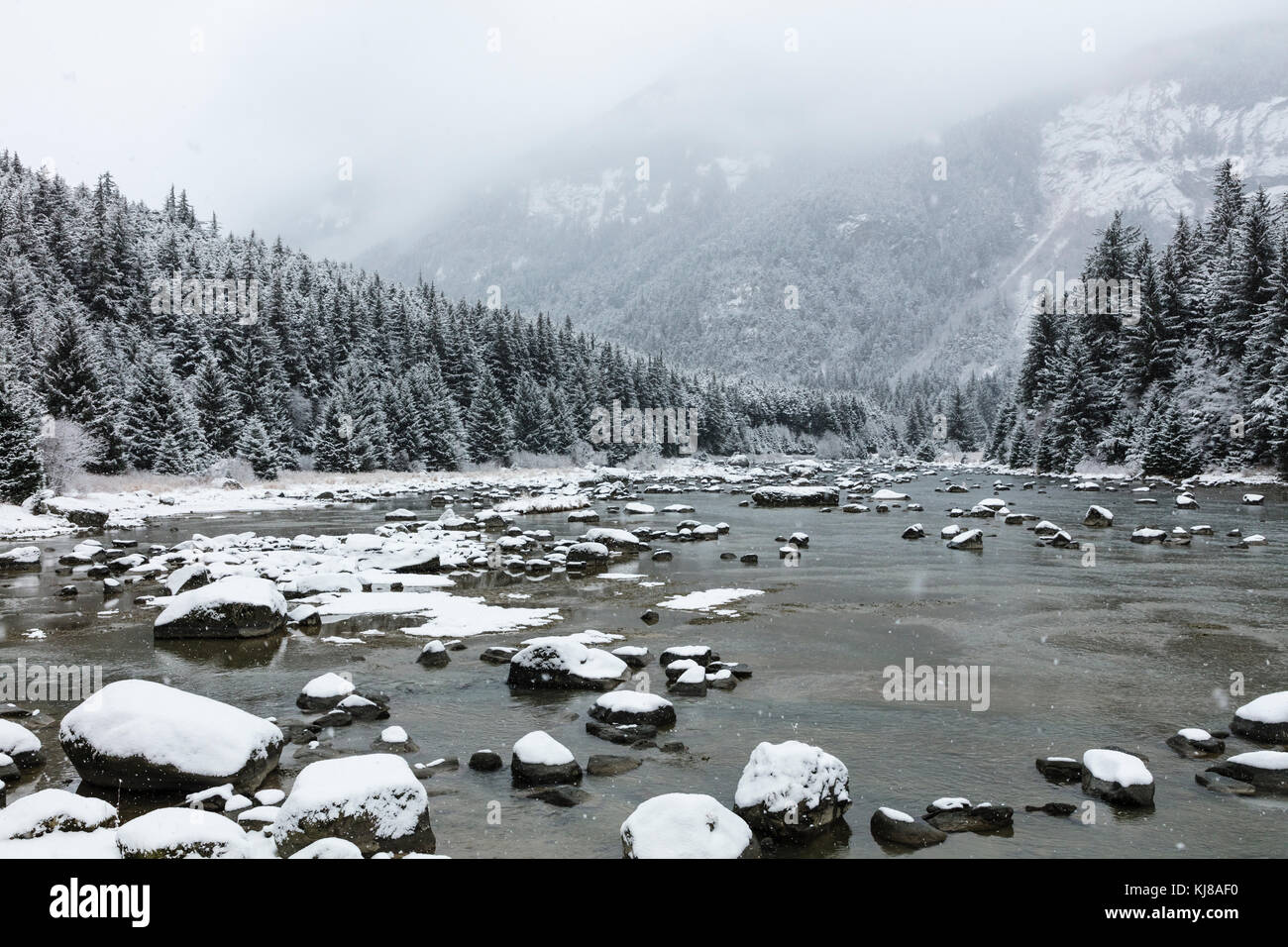 Snow falling on the Chilkoot River in Southeast Alaska Stock Photo - Alamy