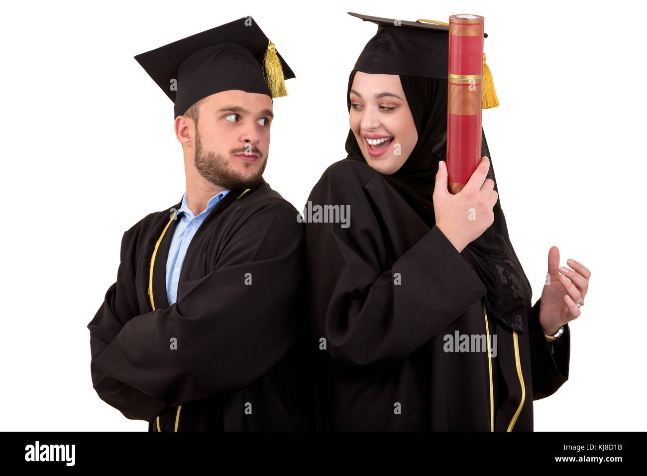 Portrait of two happy graduating arabic muslim students. Isolated over ...