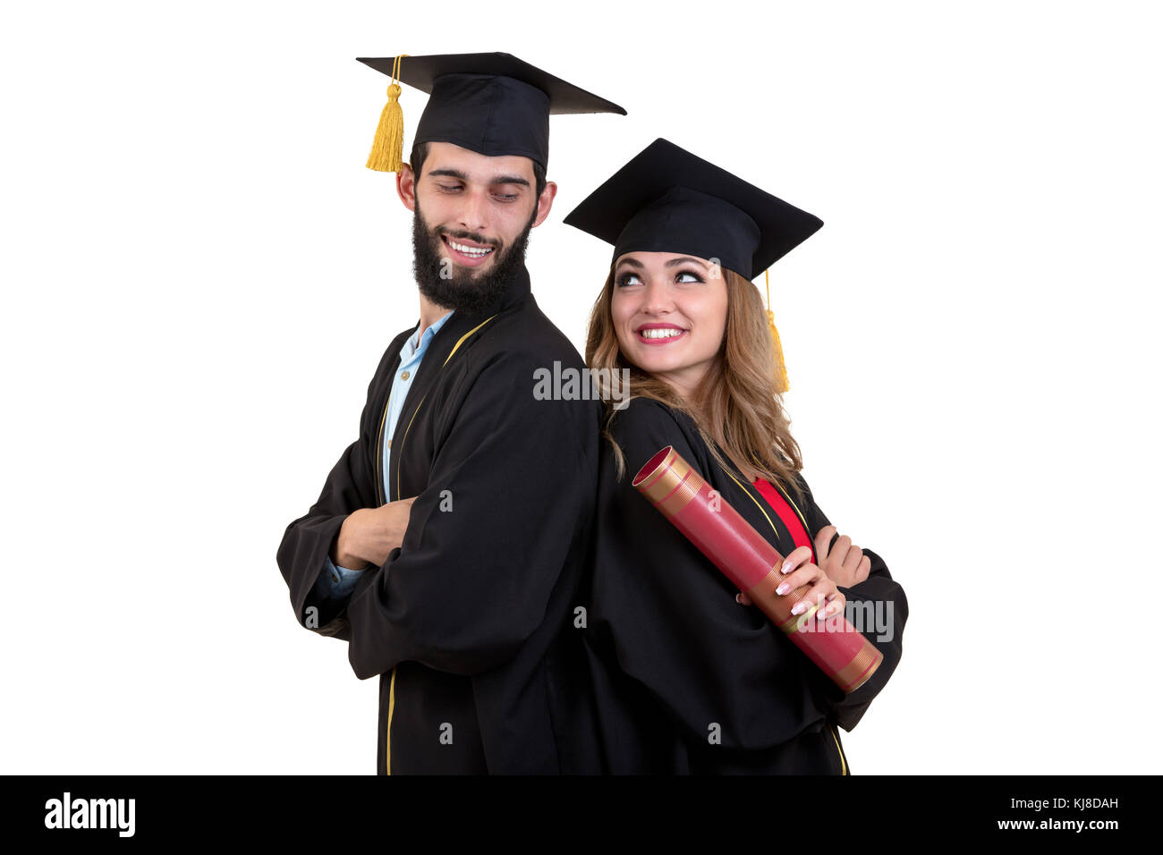 Portrait of two happy graduating students. Isolated over white ...