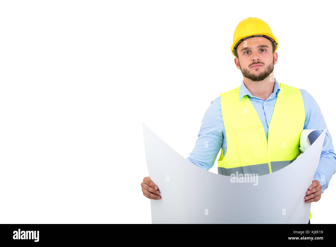 Young Engineer portrait holding blueprints isolated on white Stock ...