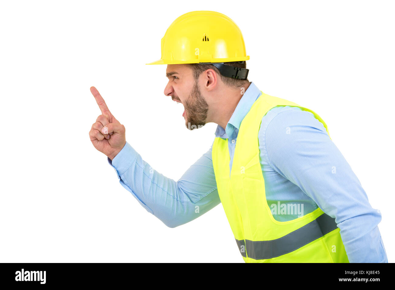 Angry builder or constructor yelling at somebody as fury concept ...