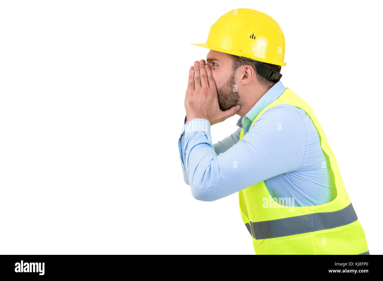 Angry builder or constructor yelling at somebody as fury concept ...