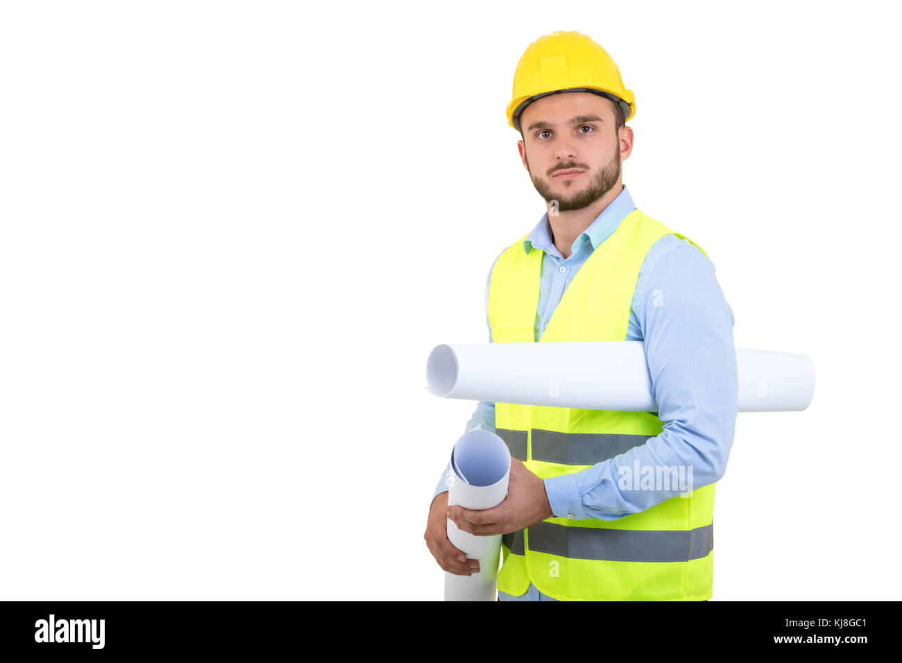Young Engineer portrait holding blueprints isolated on white Stock ...