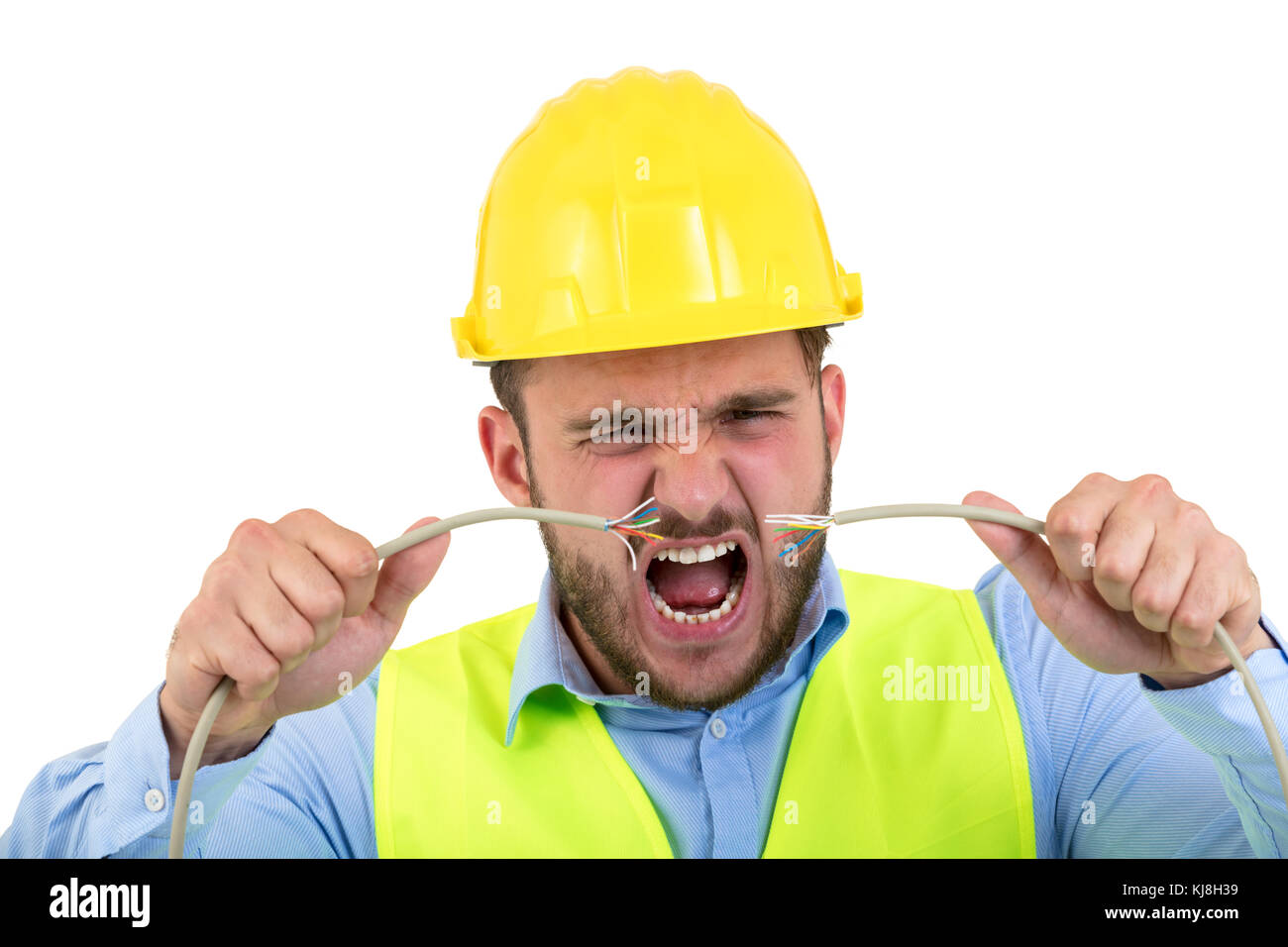Portrait of crazy electrician over white background Stock Photo - Alamy