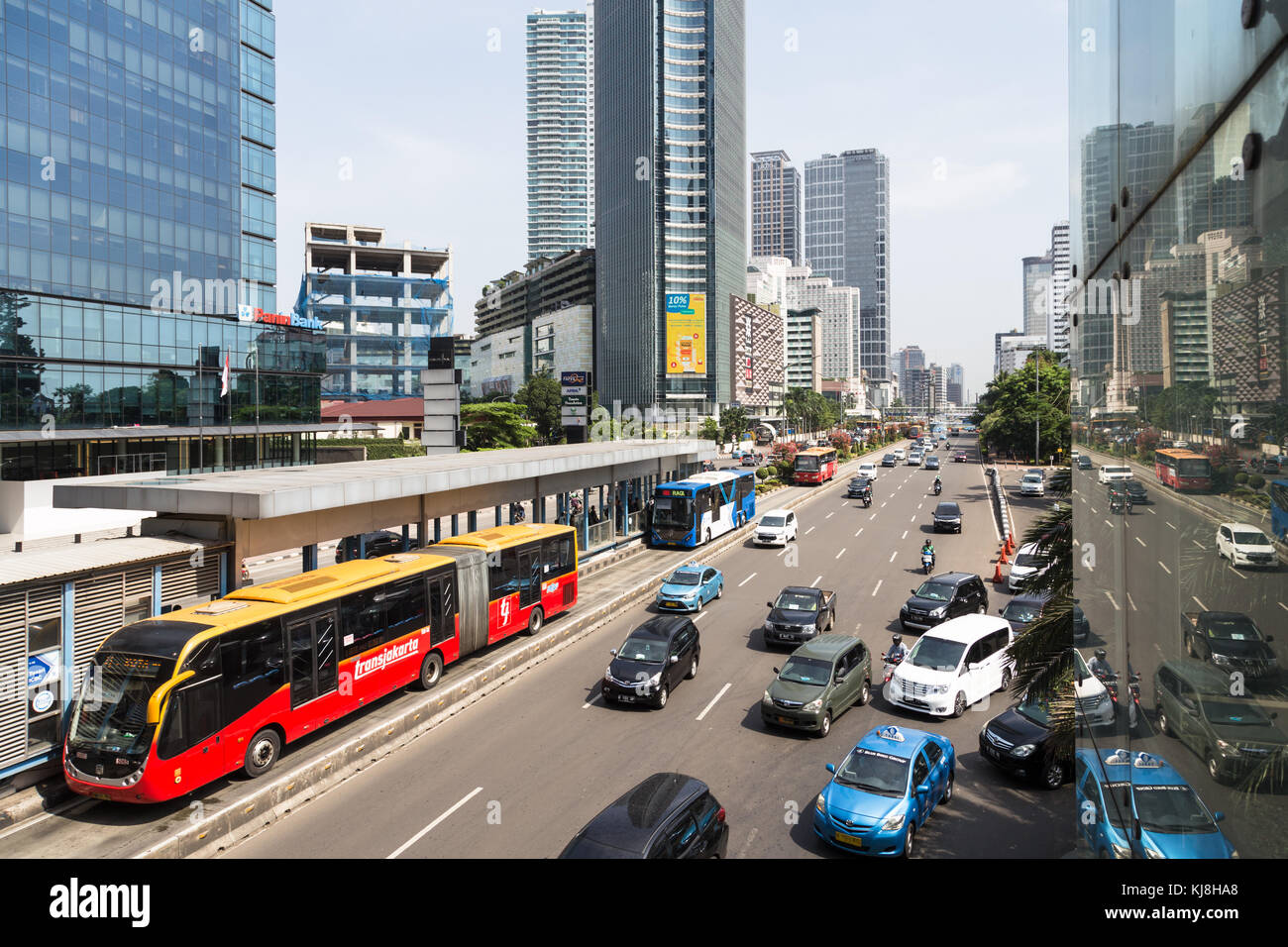 JAKARTA, INDONESIA - OCTOBER 13, 2017: Traffic goes along Sudirman ...