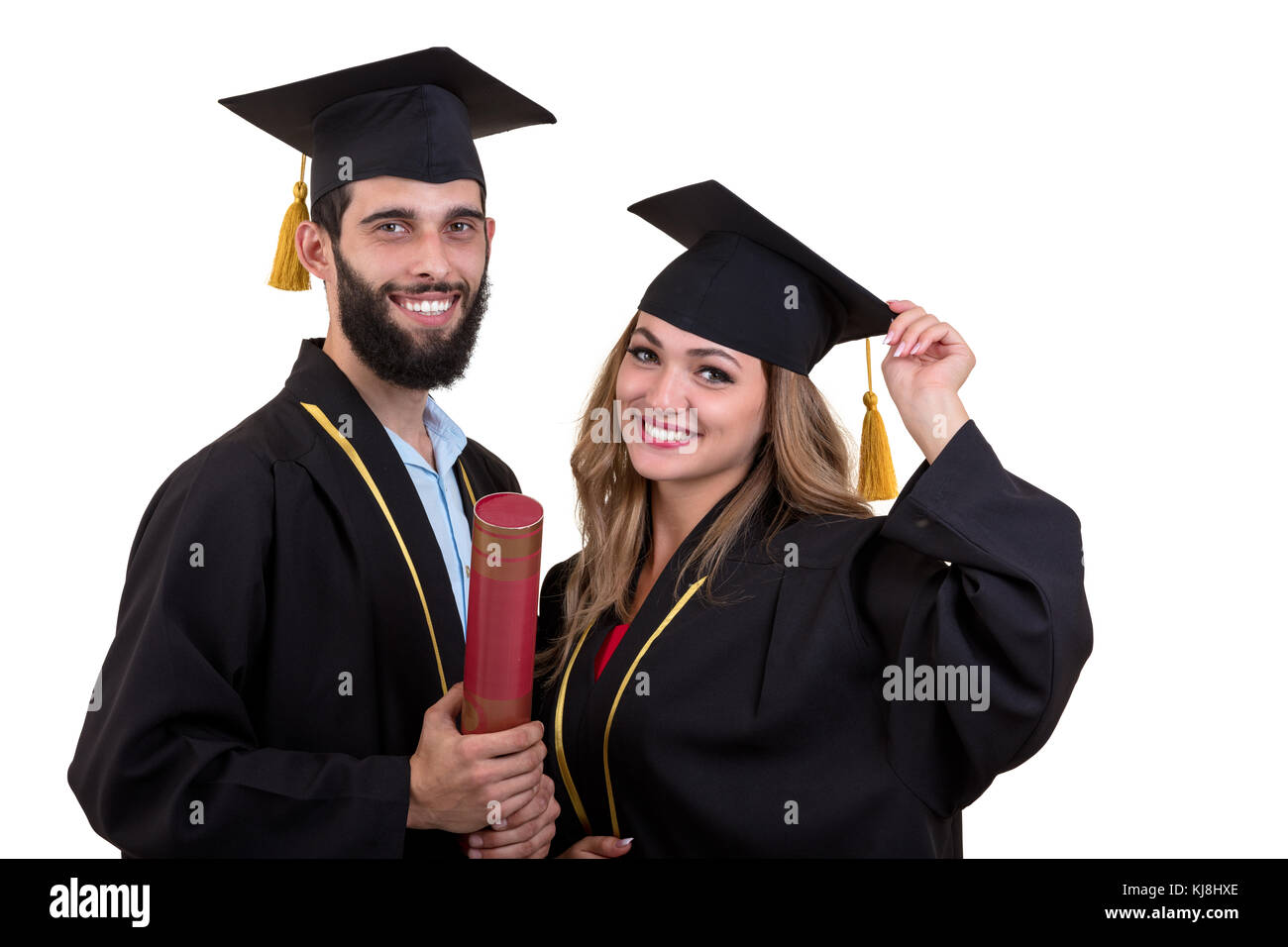 Portrait of two happy graduating students. Isolated over white ...