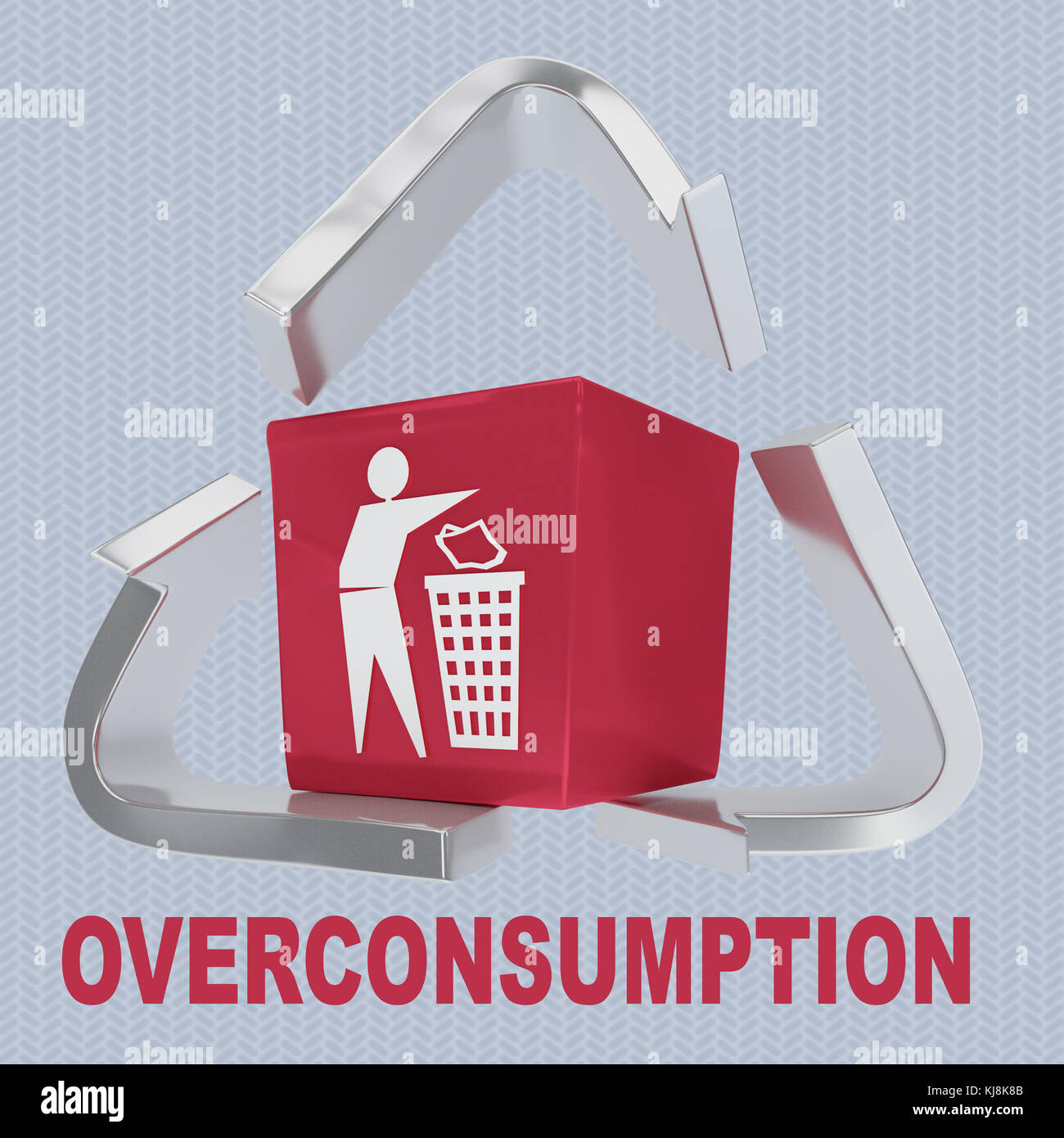 3D illustration of "OVERCONSUMPTION" title with a waste box in a ...