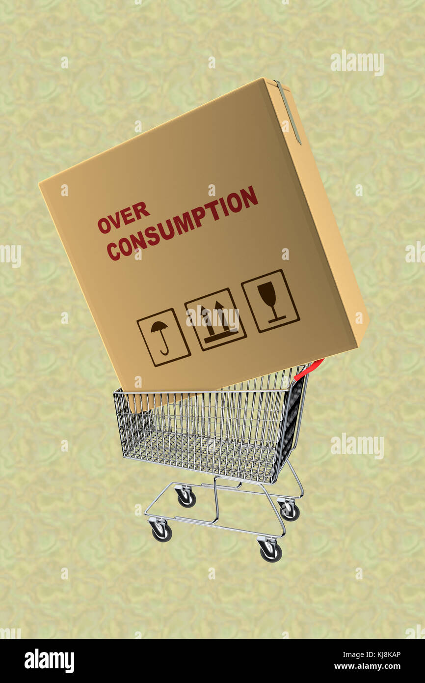 3D illustration of "OVER CONSUMPTION" script printed on a big cartoon ...