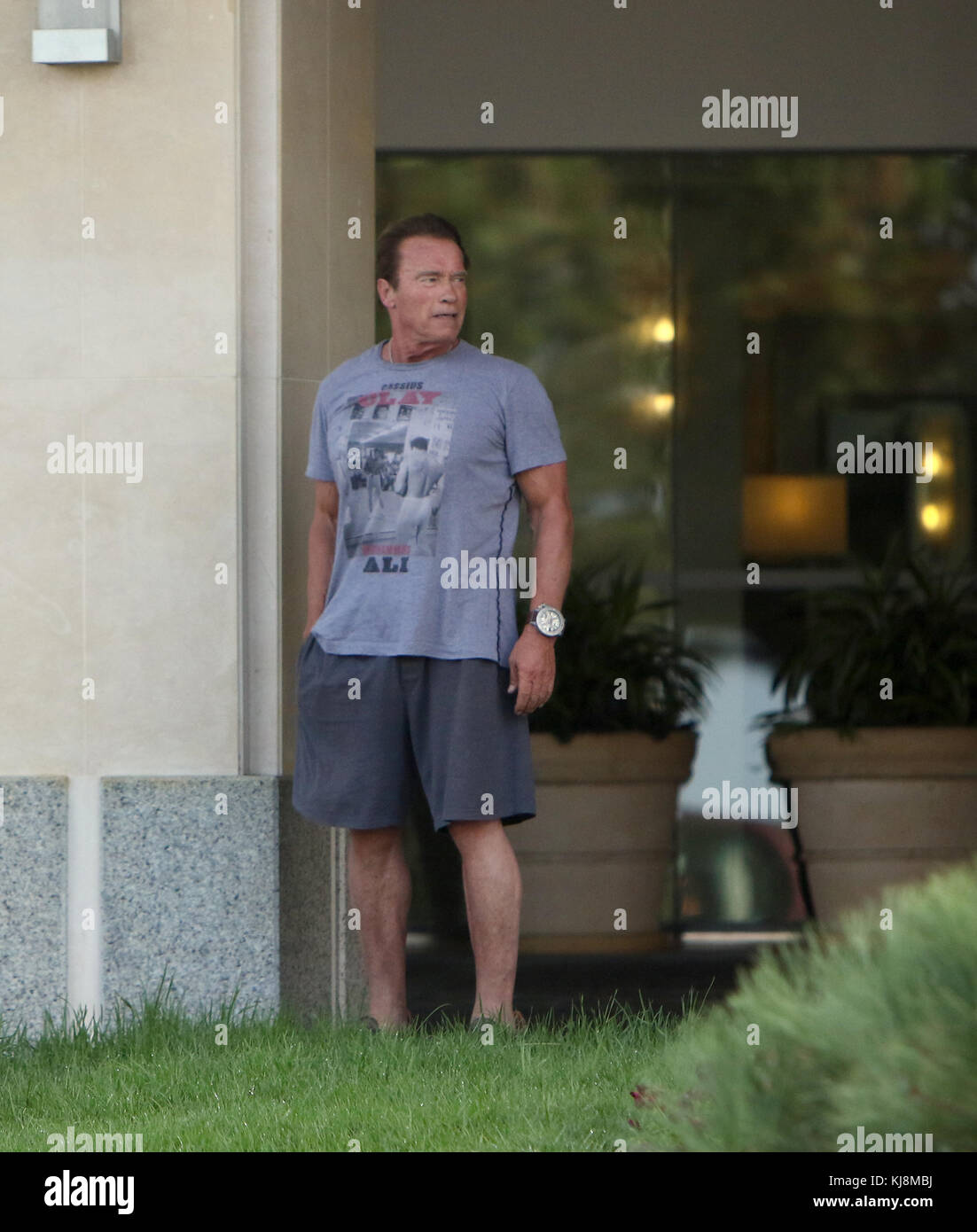 BRENTWOOD, CA - JULY 26: Arnold Schwarzenegger out for a bike ride ...