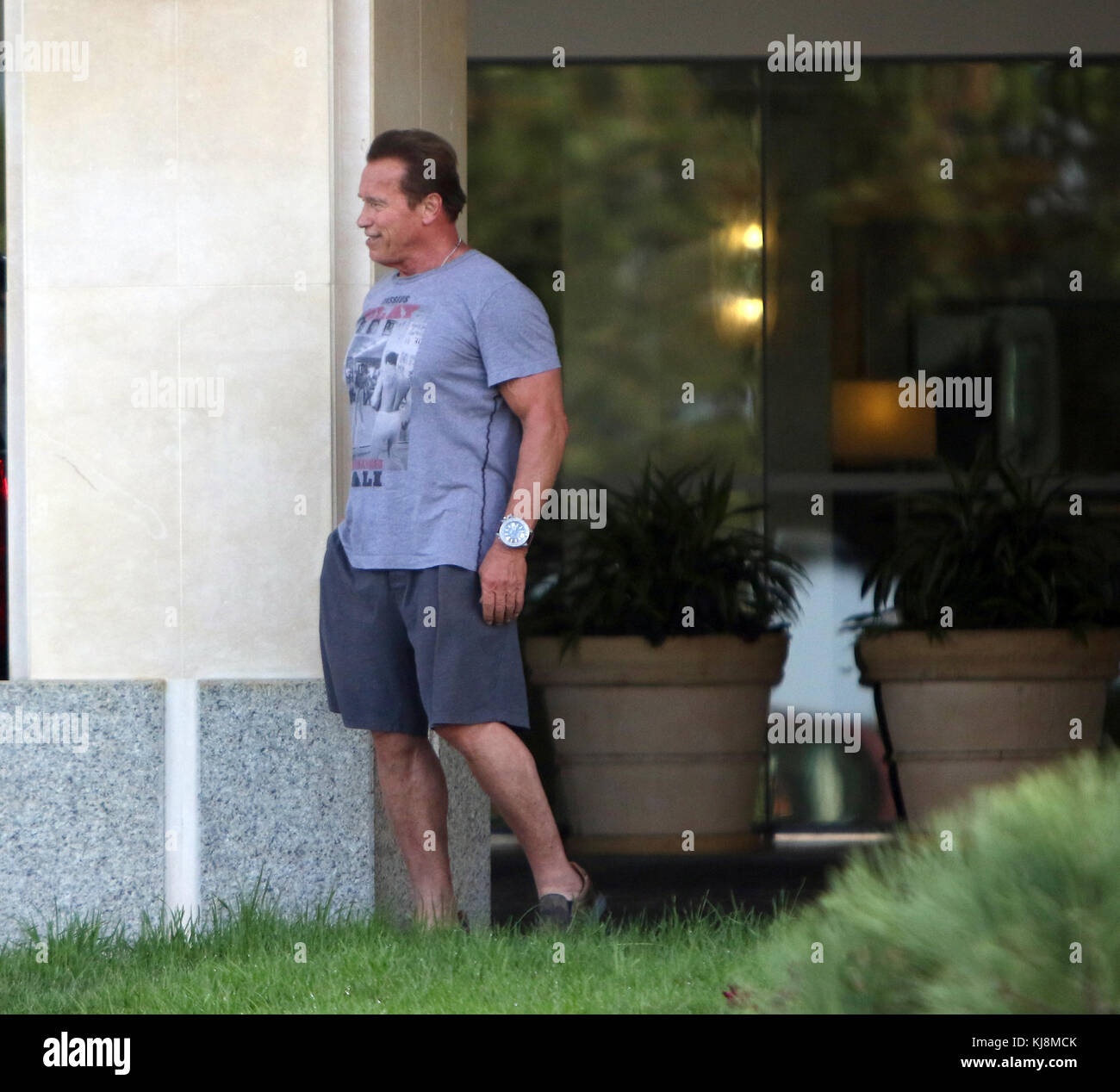 BRENTWOOD, CA - JULY 26: Arnold Schwarzenegger out for a bike ride ...