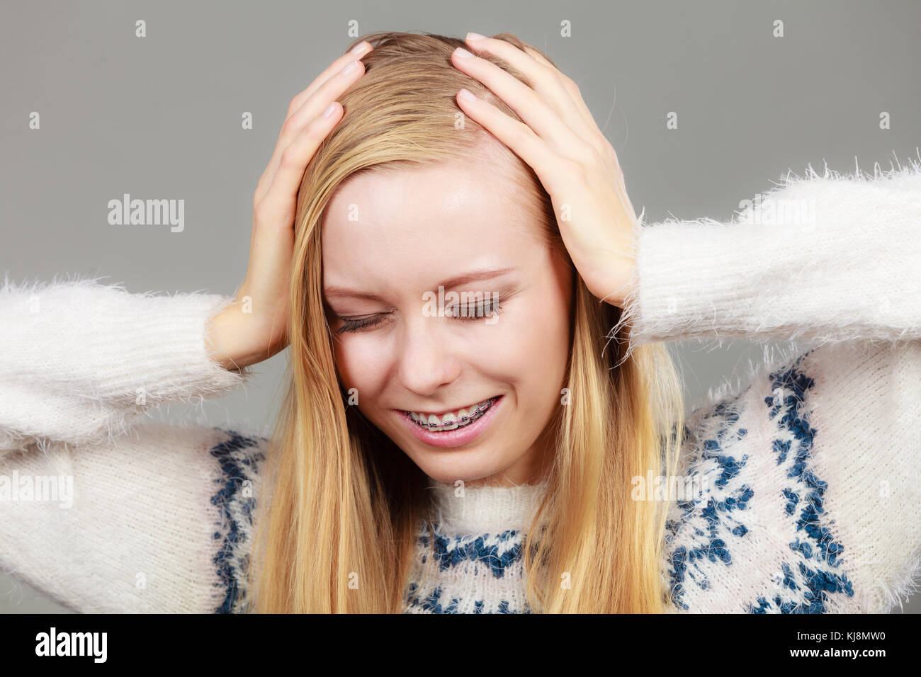 Happiness, human reactions, face expressions concept. Happy blonde ...