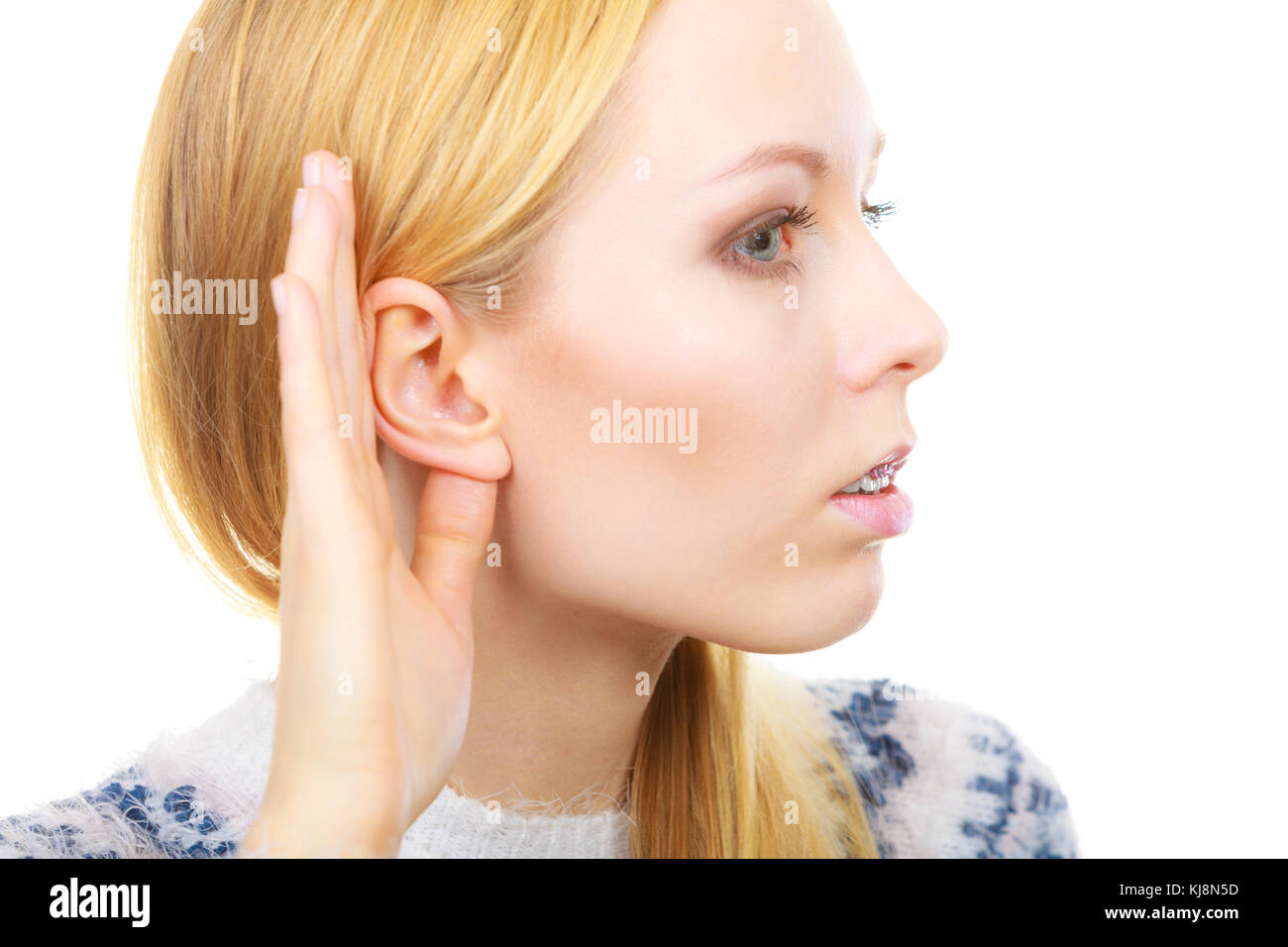 Rumors, gossip and gestures concept. Blonde woman listening carefully ...