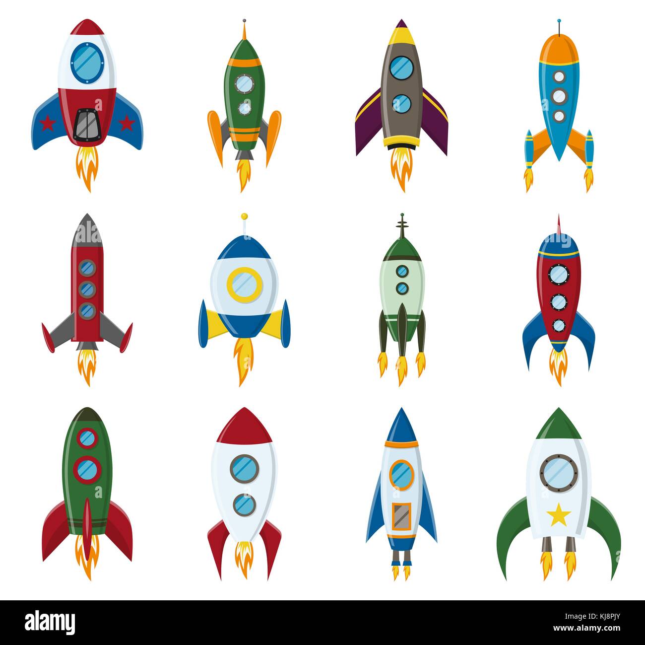 Vector retro space rocket ship icon set in a flat style. Design ...