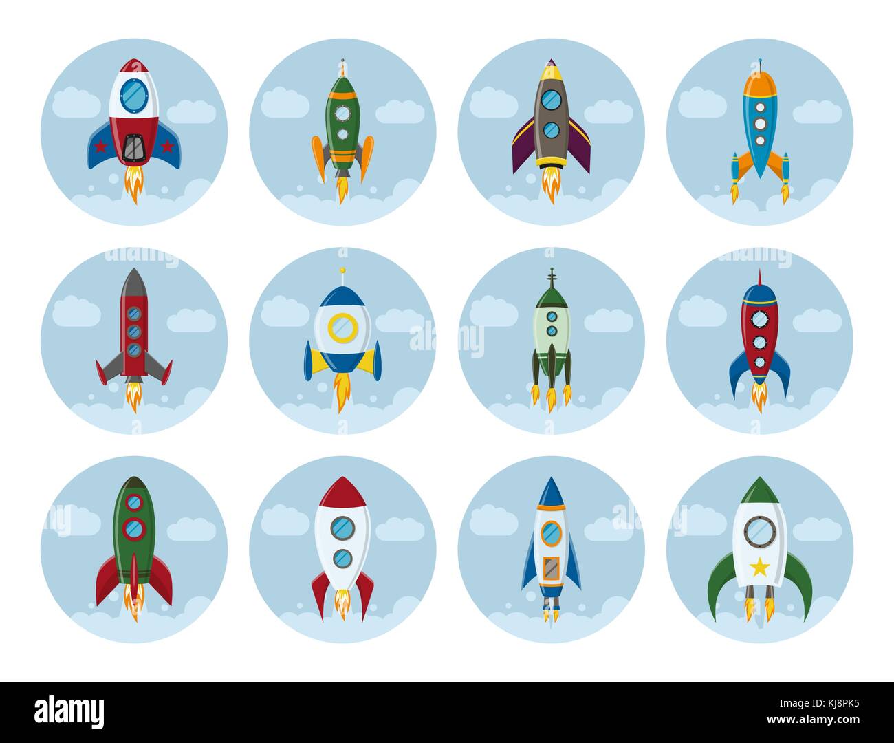 Vector retro space rocket ship icon set in a flat style. Design ...