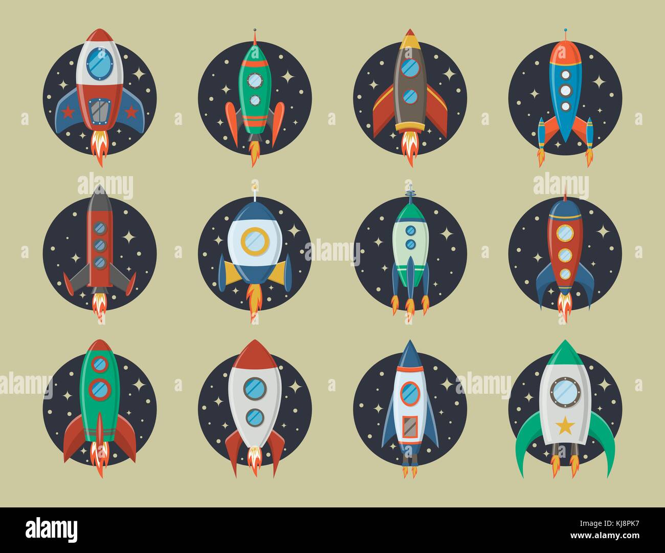 Vector retro space rocket ship icon set in a flat style. Design ...