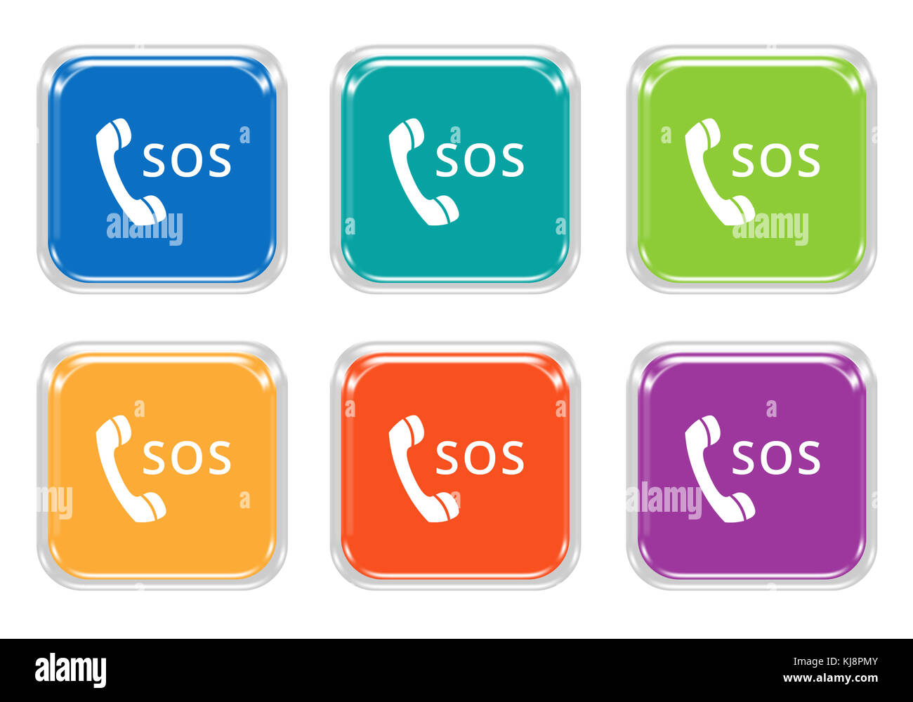 Set of rounded square colorful buttons with SOS phone symbol in blue ...