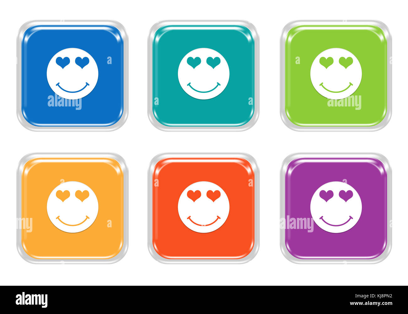 Set of rounded square colorful buttons with happy and love face symbol ...