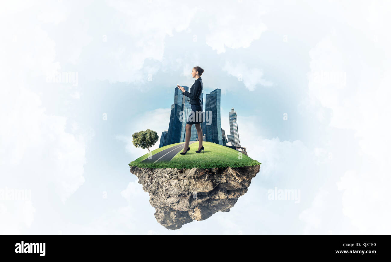 Confident lady boss and modern city as concept of eco green cons Stock ...