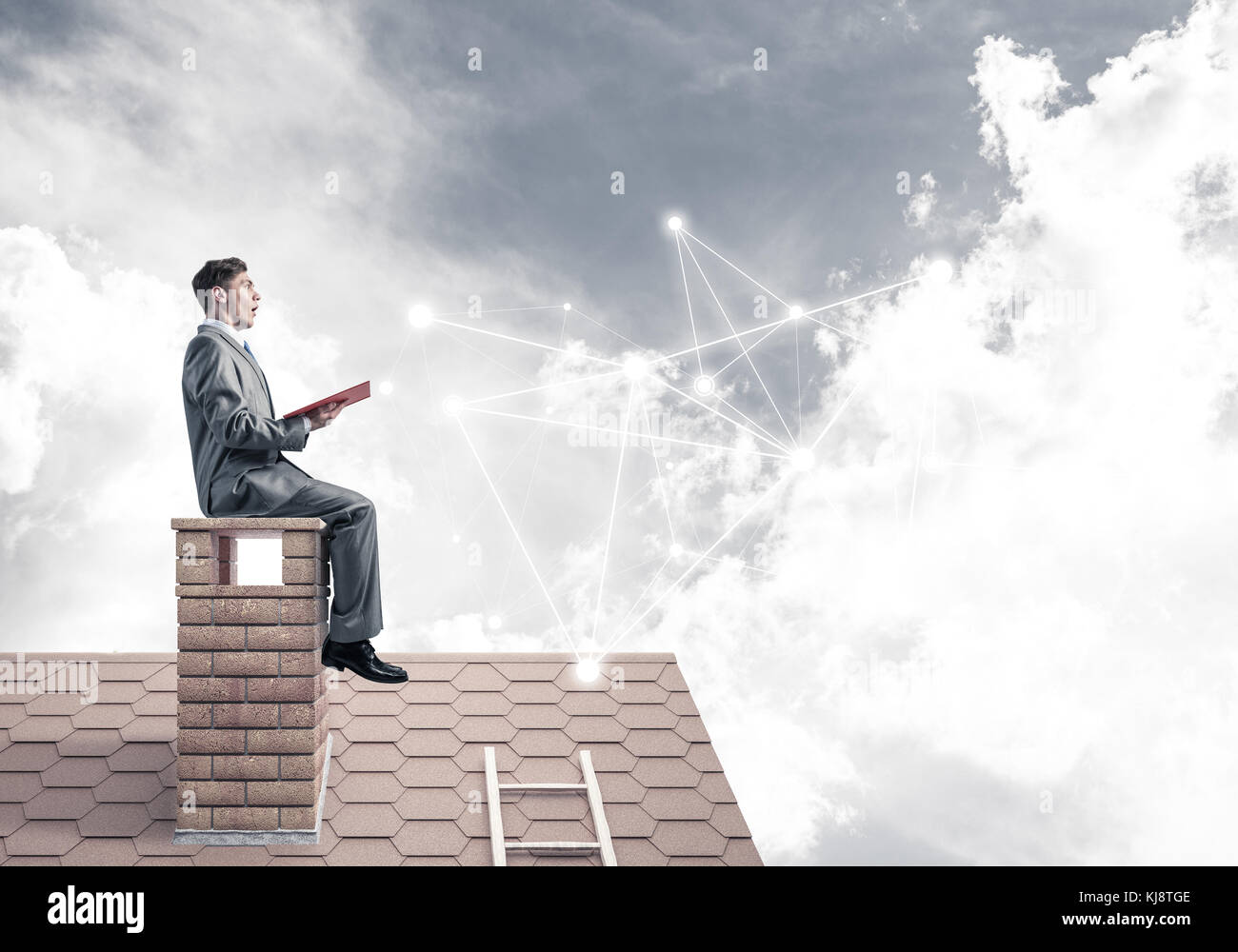 Man reading book and concept of social connection in sky Stock Photo ...