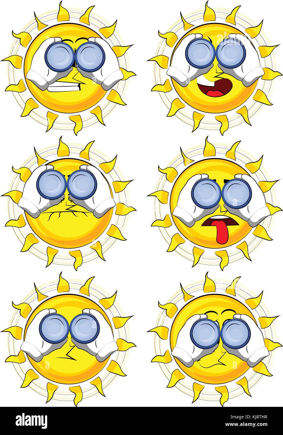 Cartoon sun looking through binoculars. Collection with sad faces ...