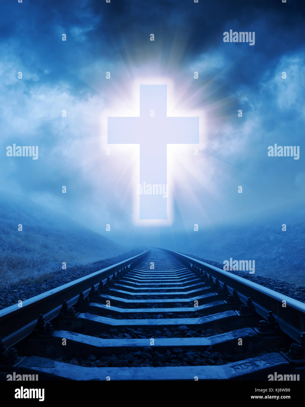 concept of christian cross over railroad in night Stock Photo - Alamy
