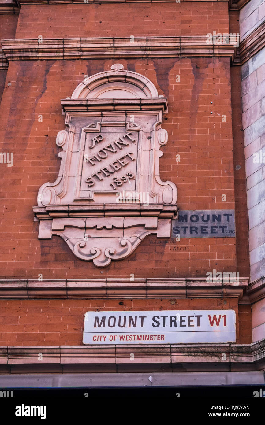 3 Versions of street signs for Mount street, Mayfair, London, England ...