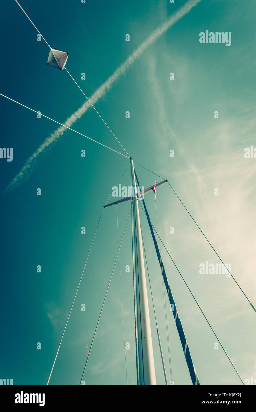 Yachting, many ropes on sailing boat mast, yacht objects concept. Clear ...