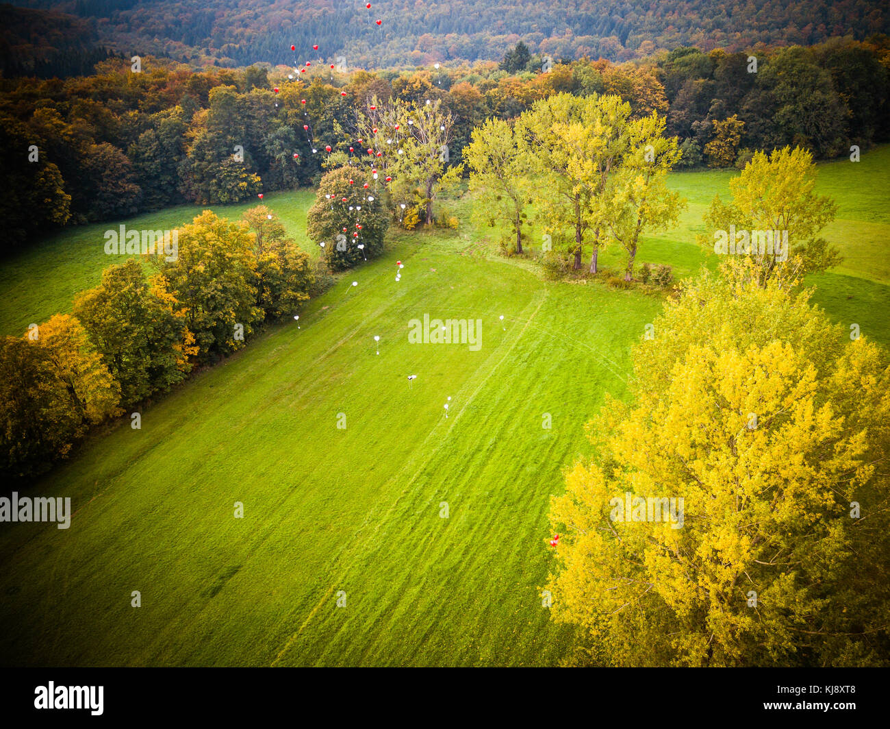 flying red balloons taken with the drone Stock Photo - Alamy