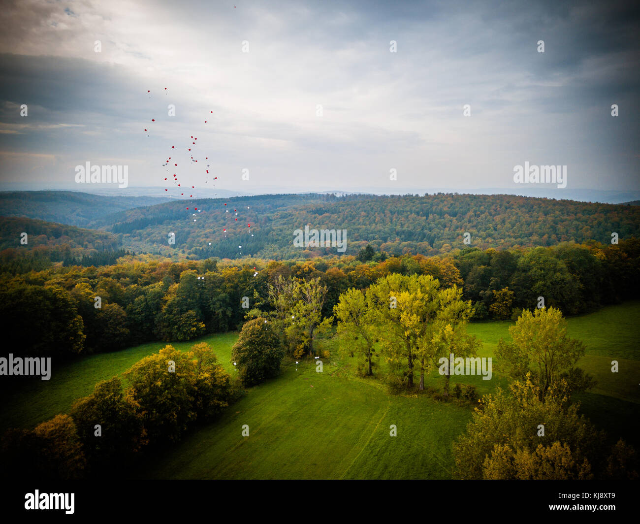 flying red balloons taken with the drone Stock Photo - Alamy