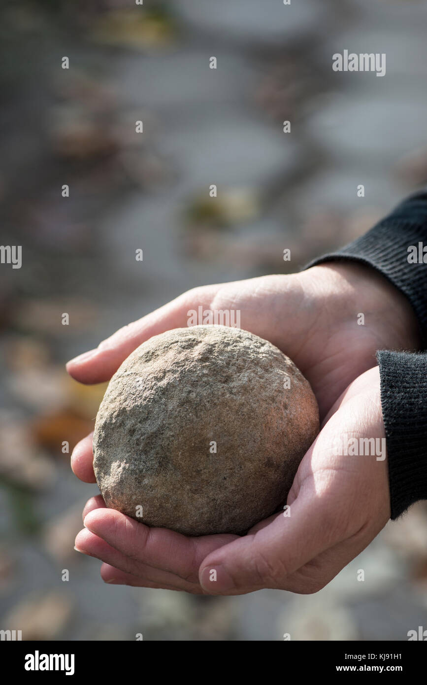 Hand hold stone ball in nature. Circular stone Stock Photo - Alamy